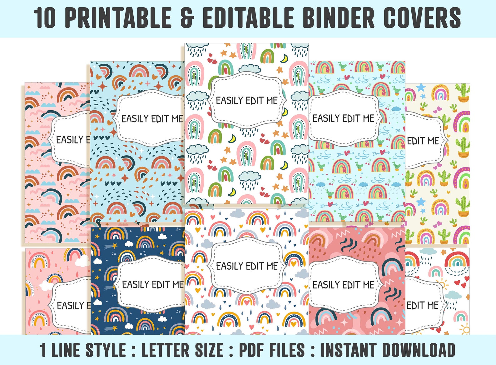 Rainbow Binder Cover, 10 Printable & Editable Binder Coversspines ...