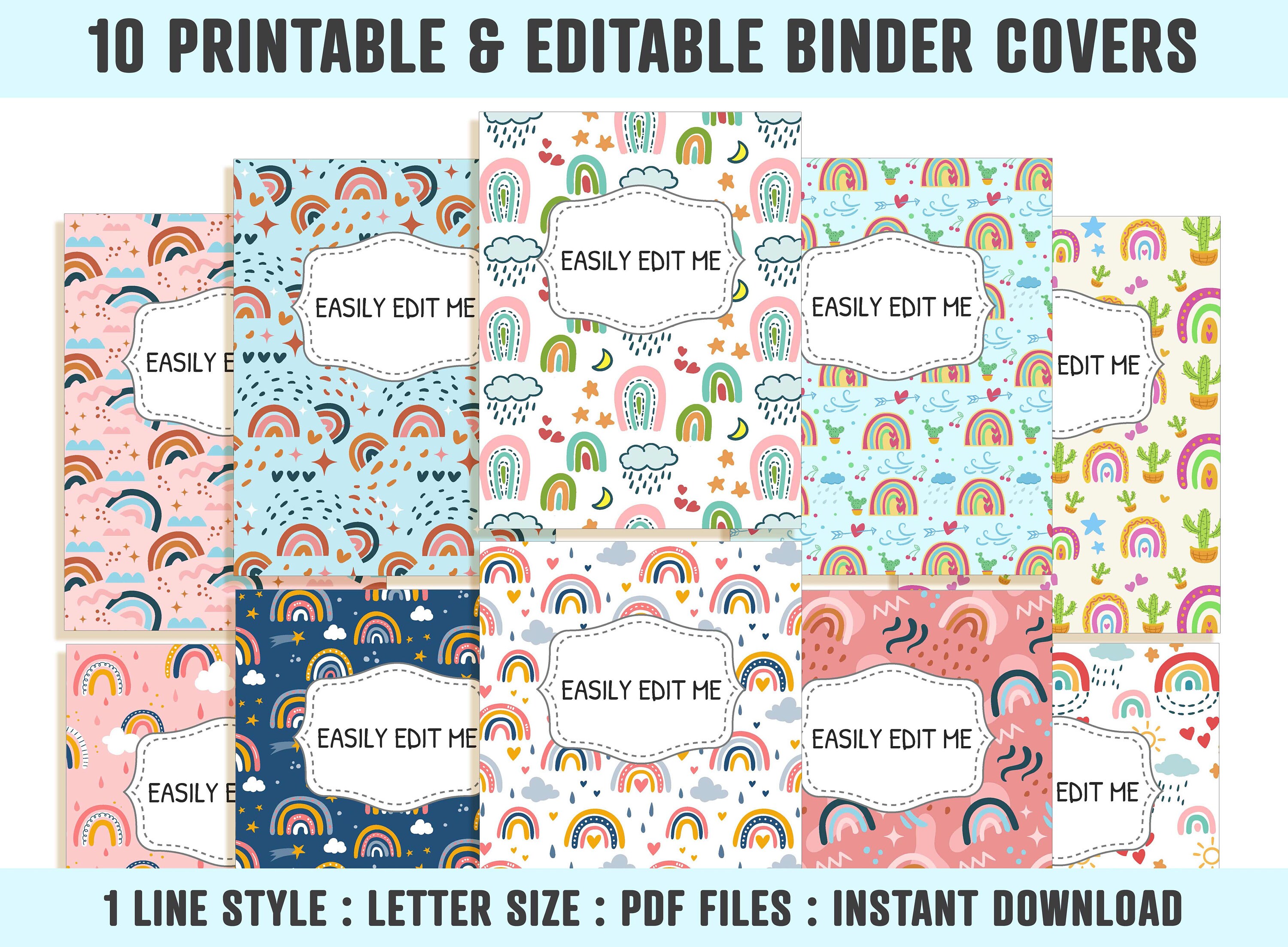 Rainbow Binder Cover, 10 Printable & Editable Binder Coversspines ...
