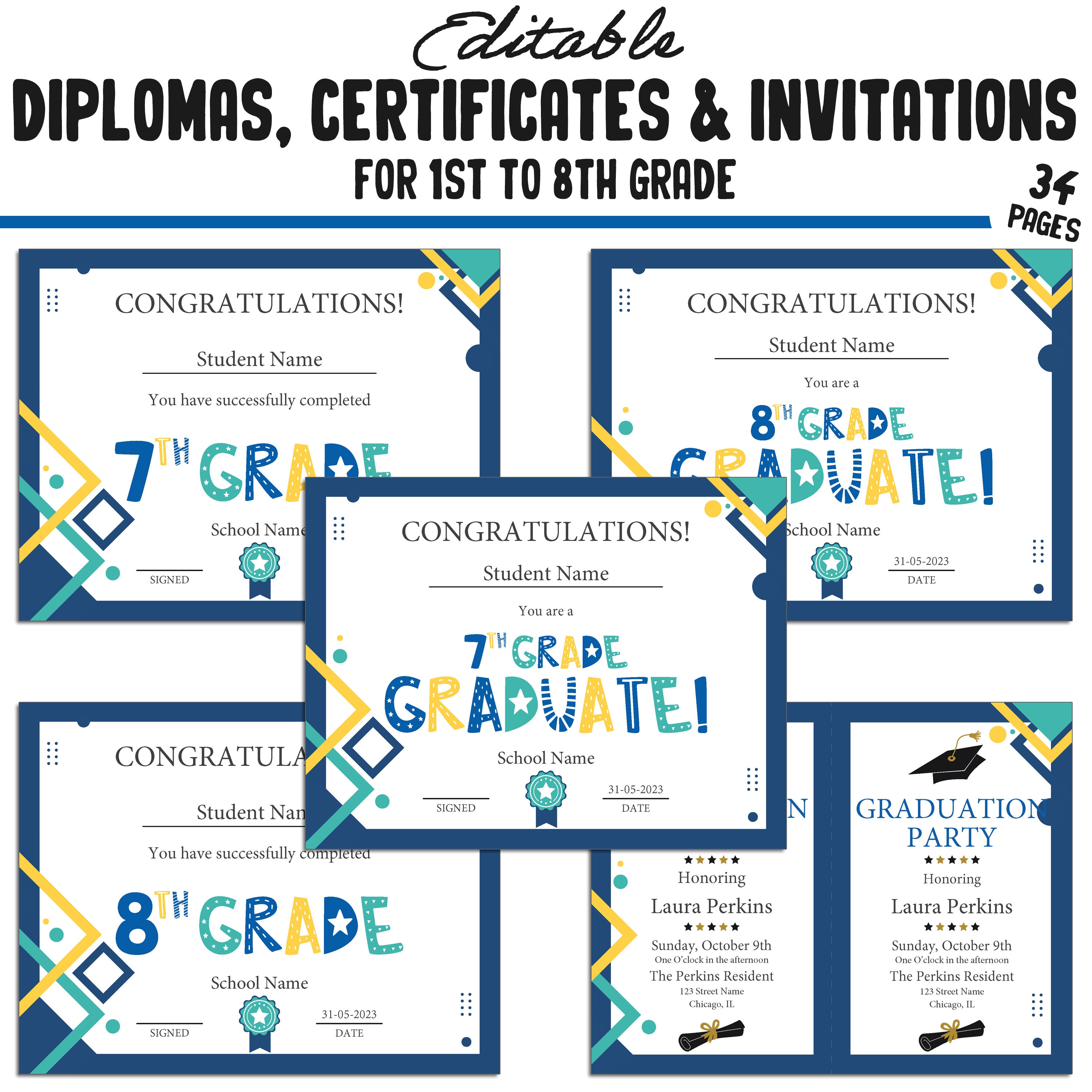 Personalized 2nd Grade Diplomas, 1st-8th Grade Achievement Certificates ...