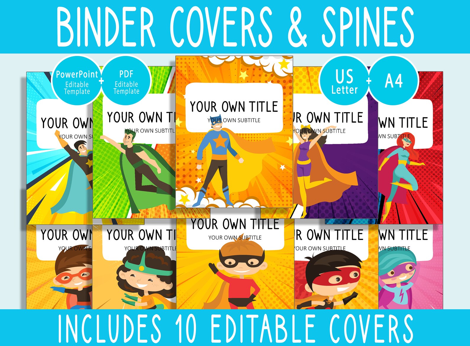 10 Editable Superhero Binder Covers, Includes 1", 1.5", 2" Spines ...