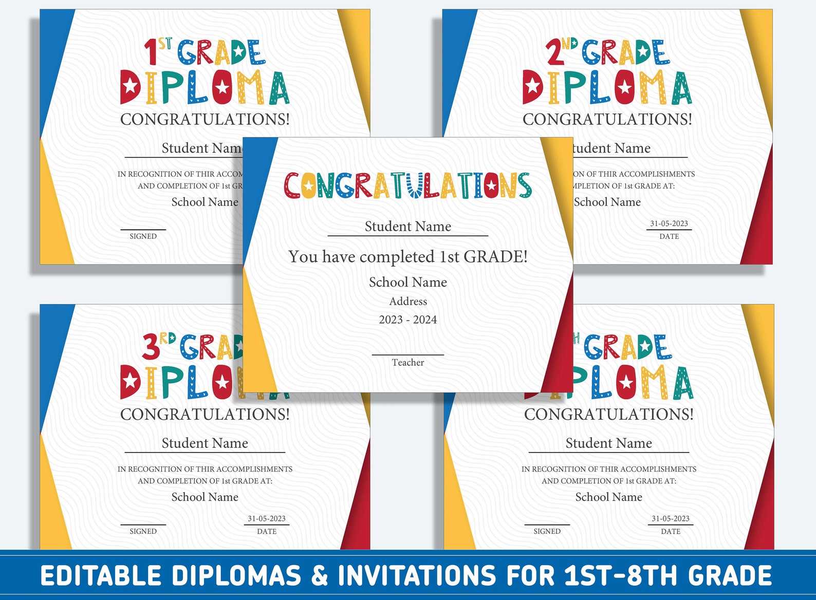Editable 2nd Grade Graduation Certificate, 1st to 8th Grade Diploma ...