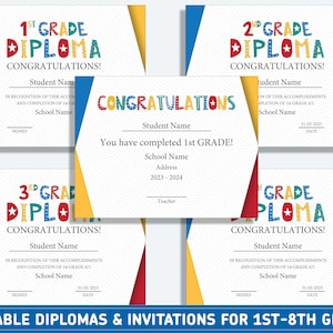 Editable 2nd Grade Graduation Certificate, 1st to 8th Grade Diploma ...