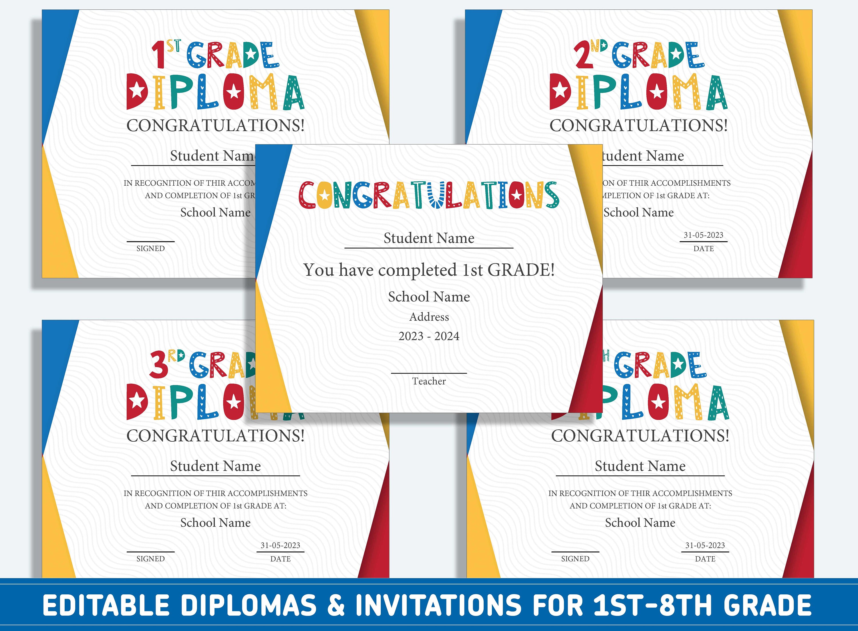 Editable 2nd Grade Graduation Certificate, 1st to 8th Grade Diploma ...