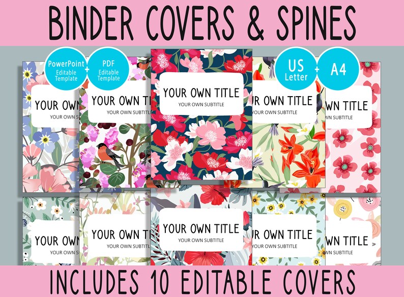10 Editable Blossom Pattern Binder Covers, Includes 1, 1.5, 2" Spines ...
