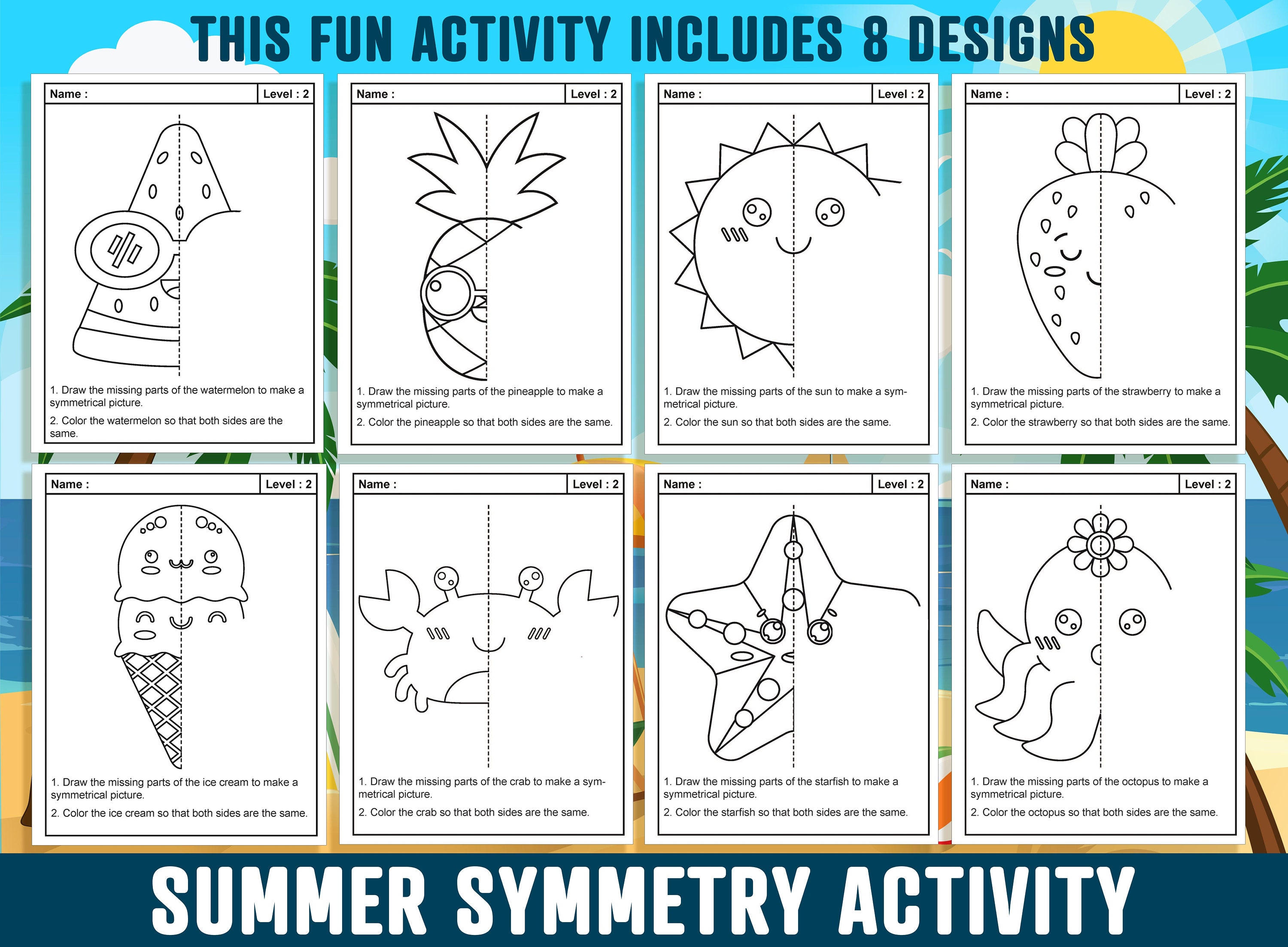 Summer Symmetry Worksheet, Summer Theme Lines of Symmetry Activity, 24 ...
