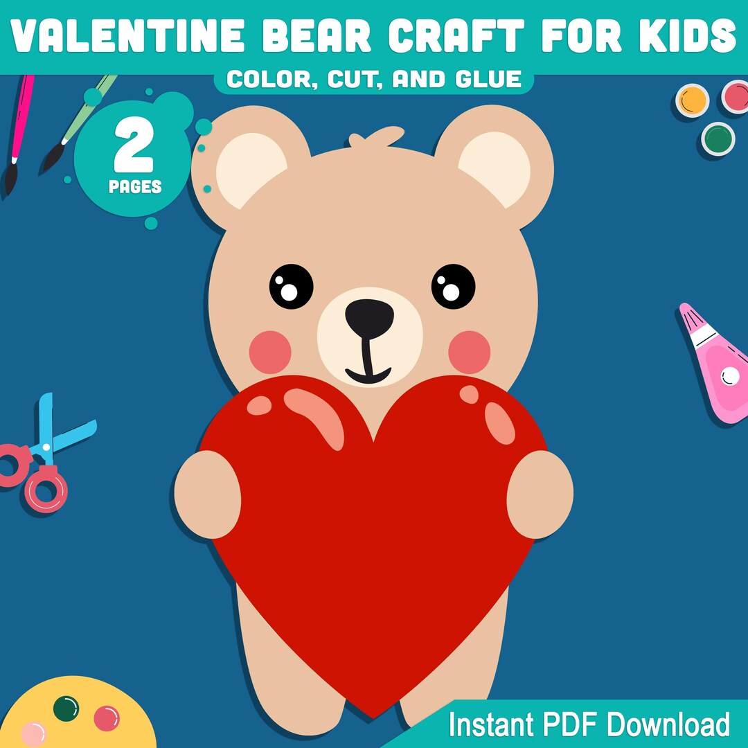Valentine Bear Craft for Kids Color Cut and Glue Activity for Preschool ...