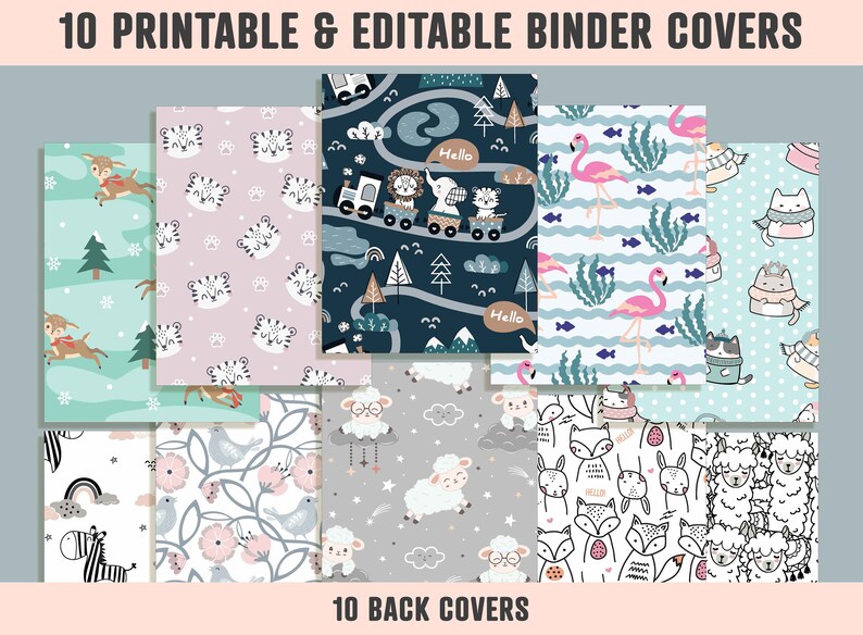Cute Animal Binder Cover, 10 Printable & Editable Binder Covers Spines ...