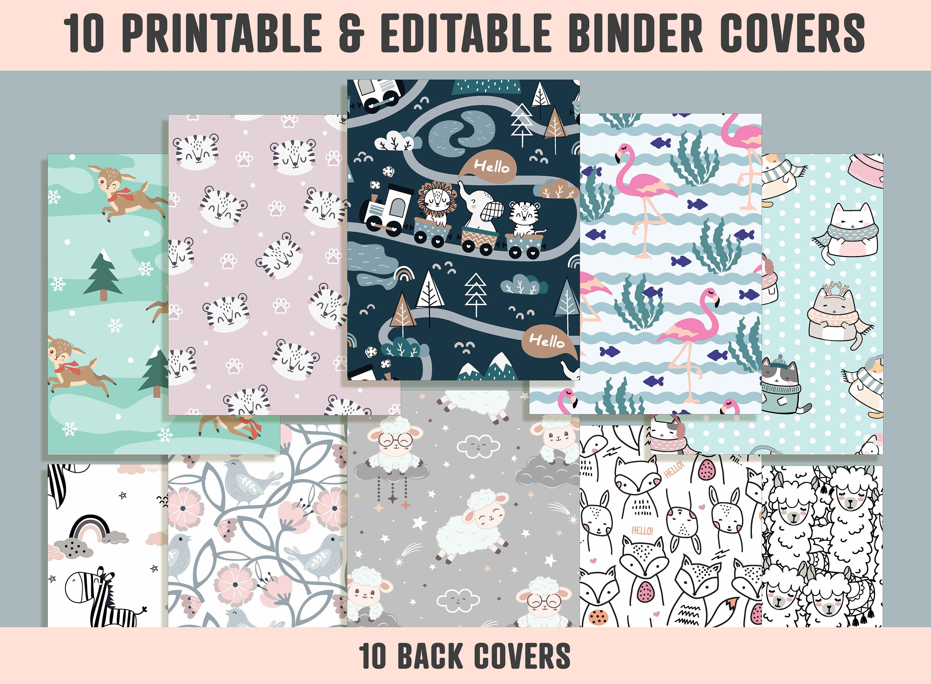 Cute Animal Binder Cover, 10 Printable & Editable Binder Covers Spines ...