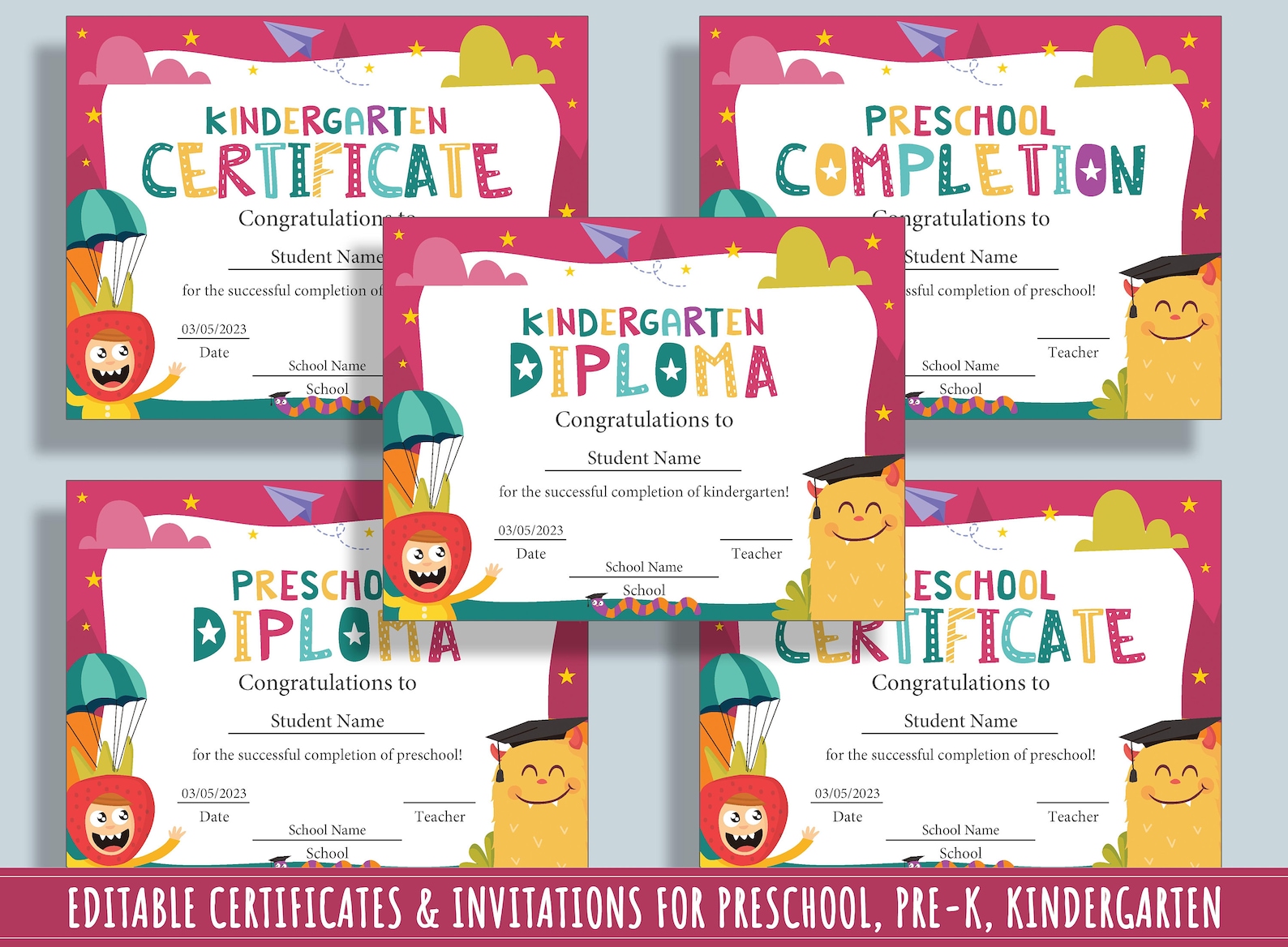 Colorful Pre-k Diploma Certificate and Invitation Templates - Etsy