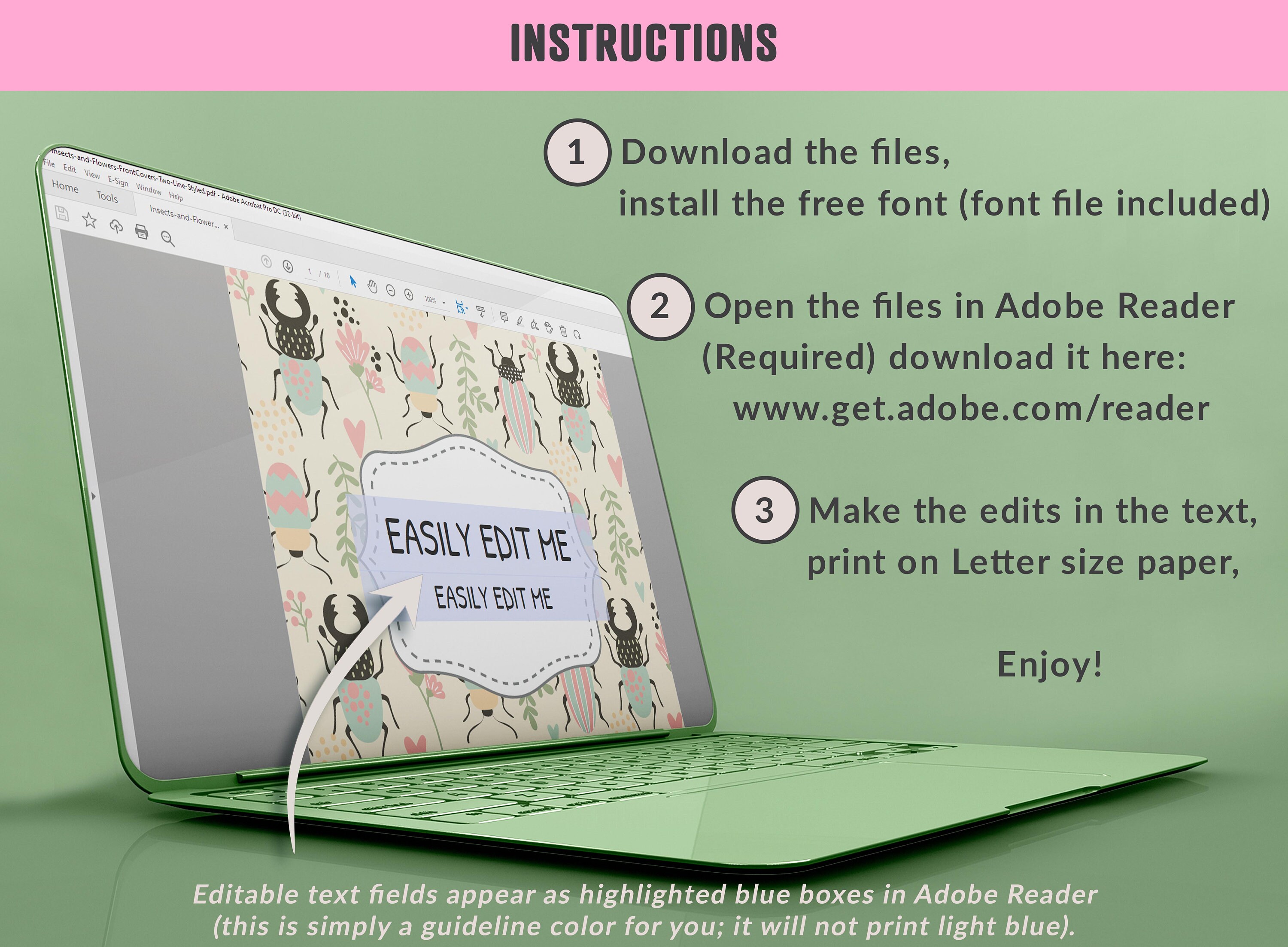 Insects and Flowers Binder Cover 10 Printable & Editable - Etsy