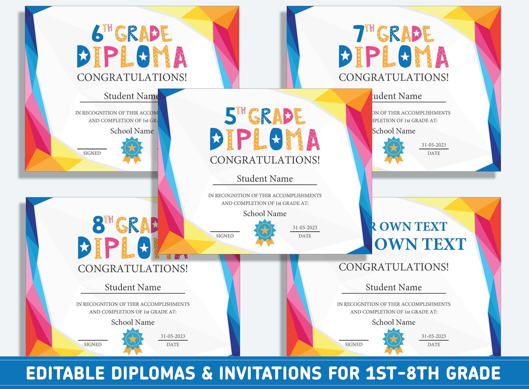 Editable 7th Grade Diploma, 1st to 8th Grade Diploma, Certificate of ...