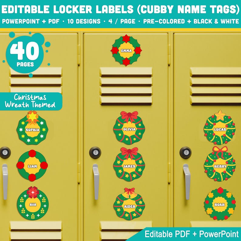 Editable Locker Labels, Cubby Name Tags, Christmas Wreath Themed, Back ...