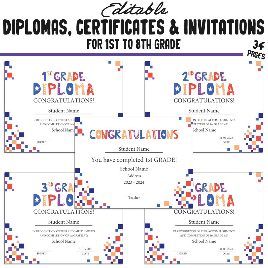 34 Editable First Grade Completion Certificate, 1st-8th Grade Diplomas ...