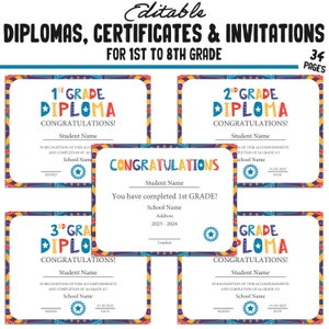 Editable 7th Grade Diplomas, 1st-8th Grade Certificates, and Invitation ...