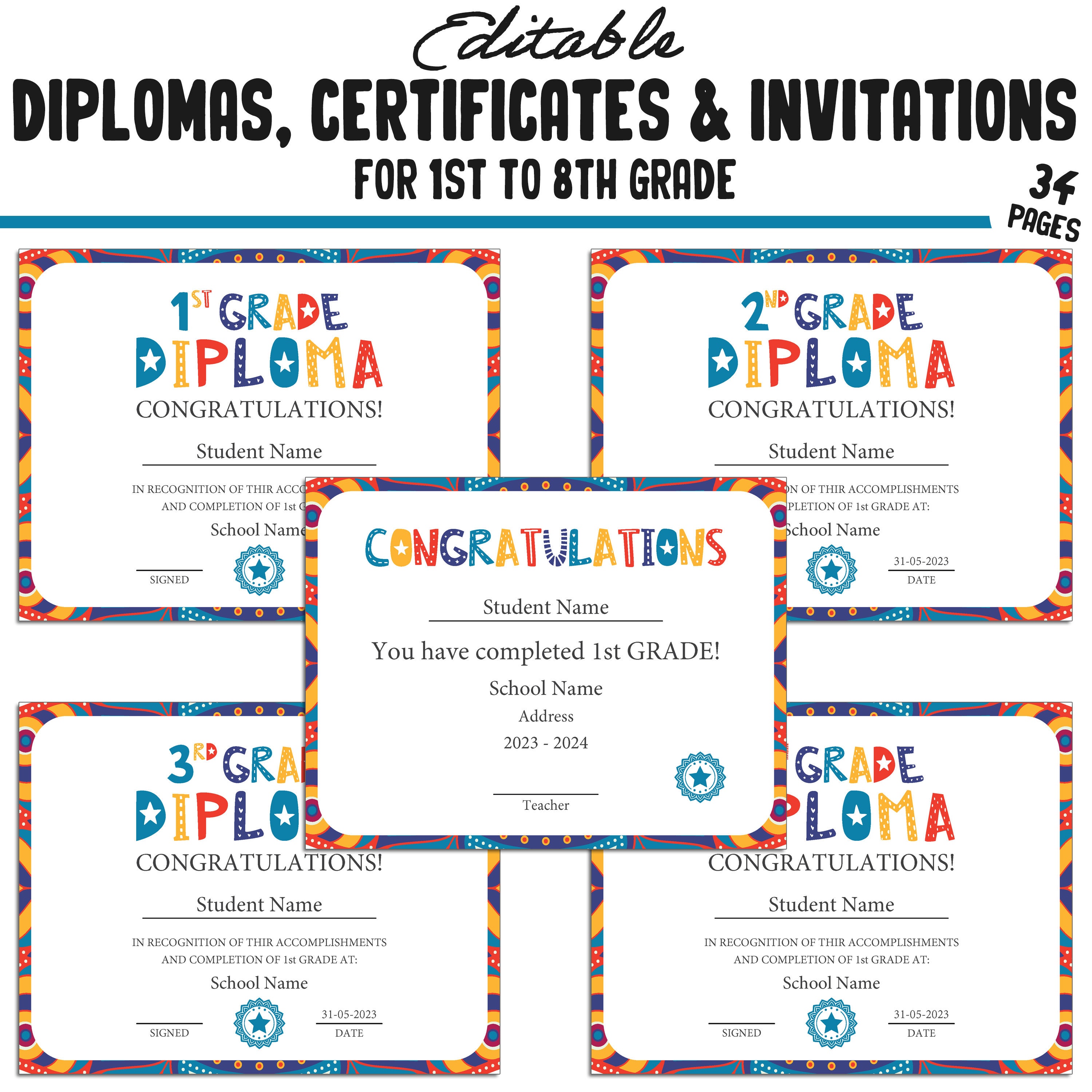 Editable 7th Grade Diplomas, 1st-8th Grade Certificates, and Invitation ...