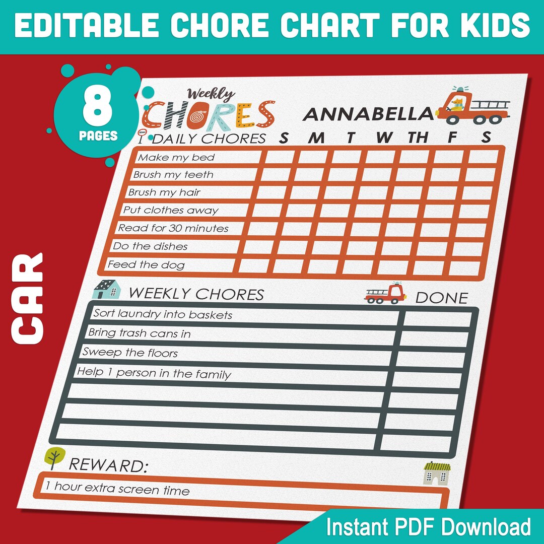 Car-themed Chore Chart for Kids: Printable and Editable Responsibility ...