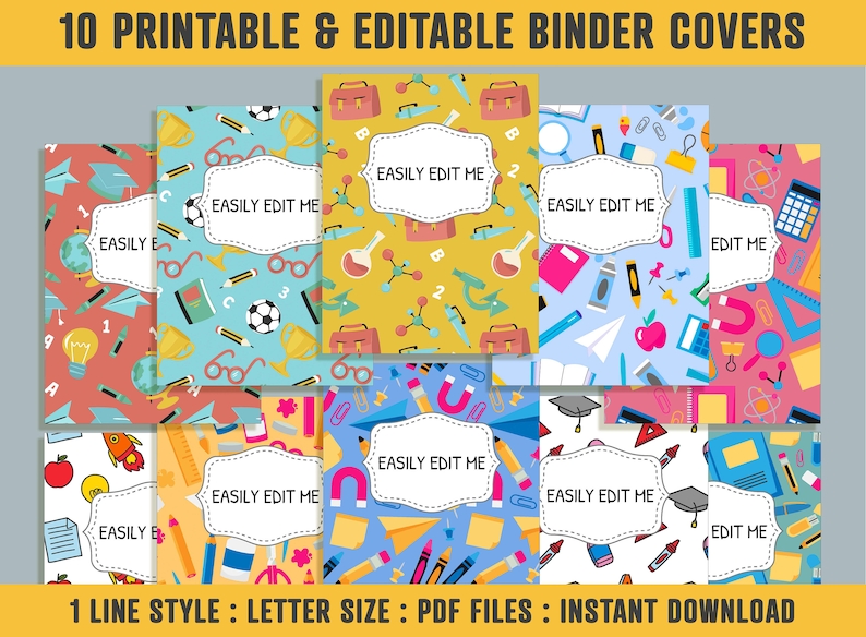 Back to School Pattern Binder Cover, 10 Printable/editable Binder ...