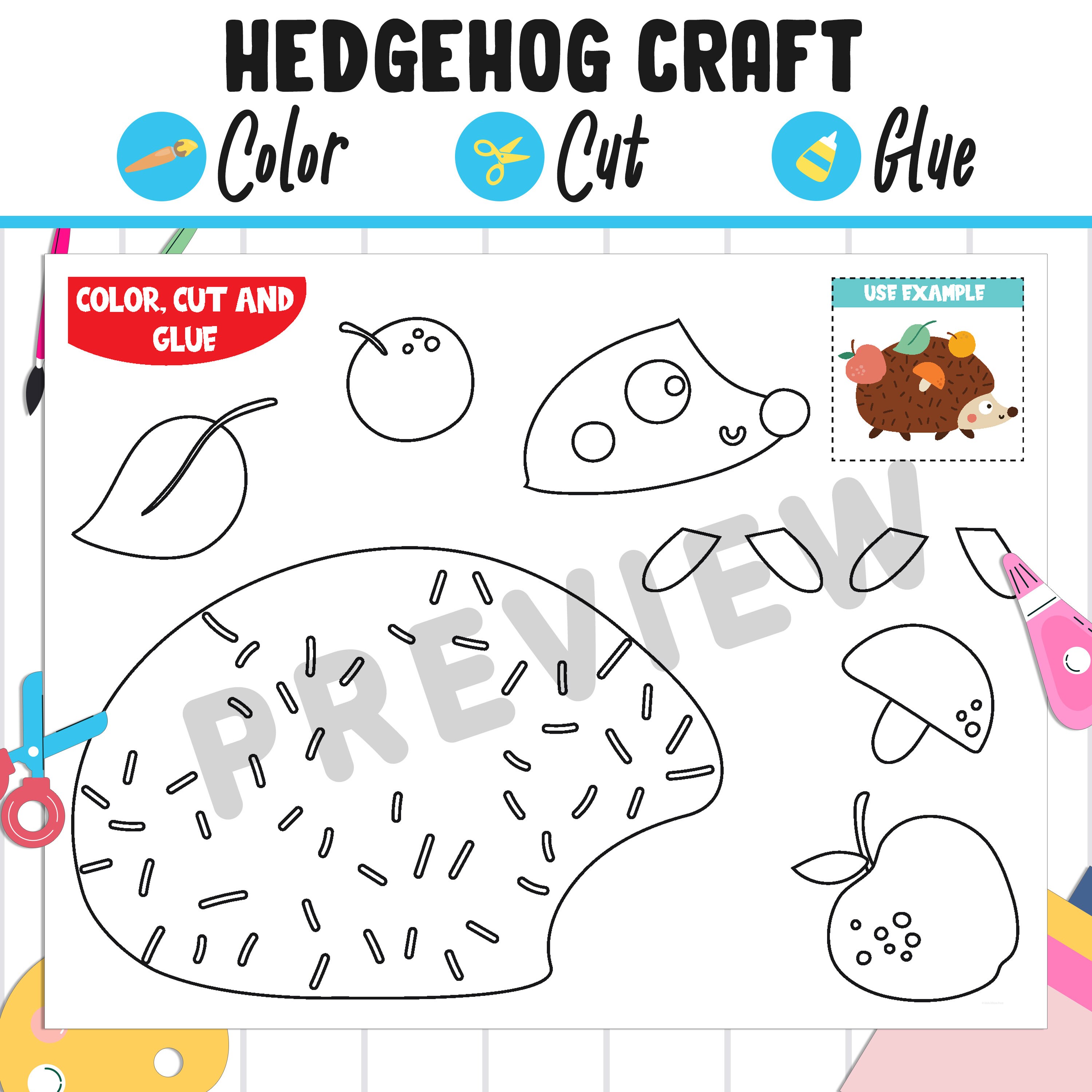 Hedgehog Craft Activity: Color, Cut, and Glue, Fun for Prek to 2nd ...