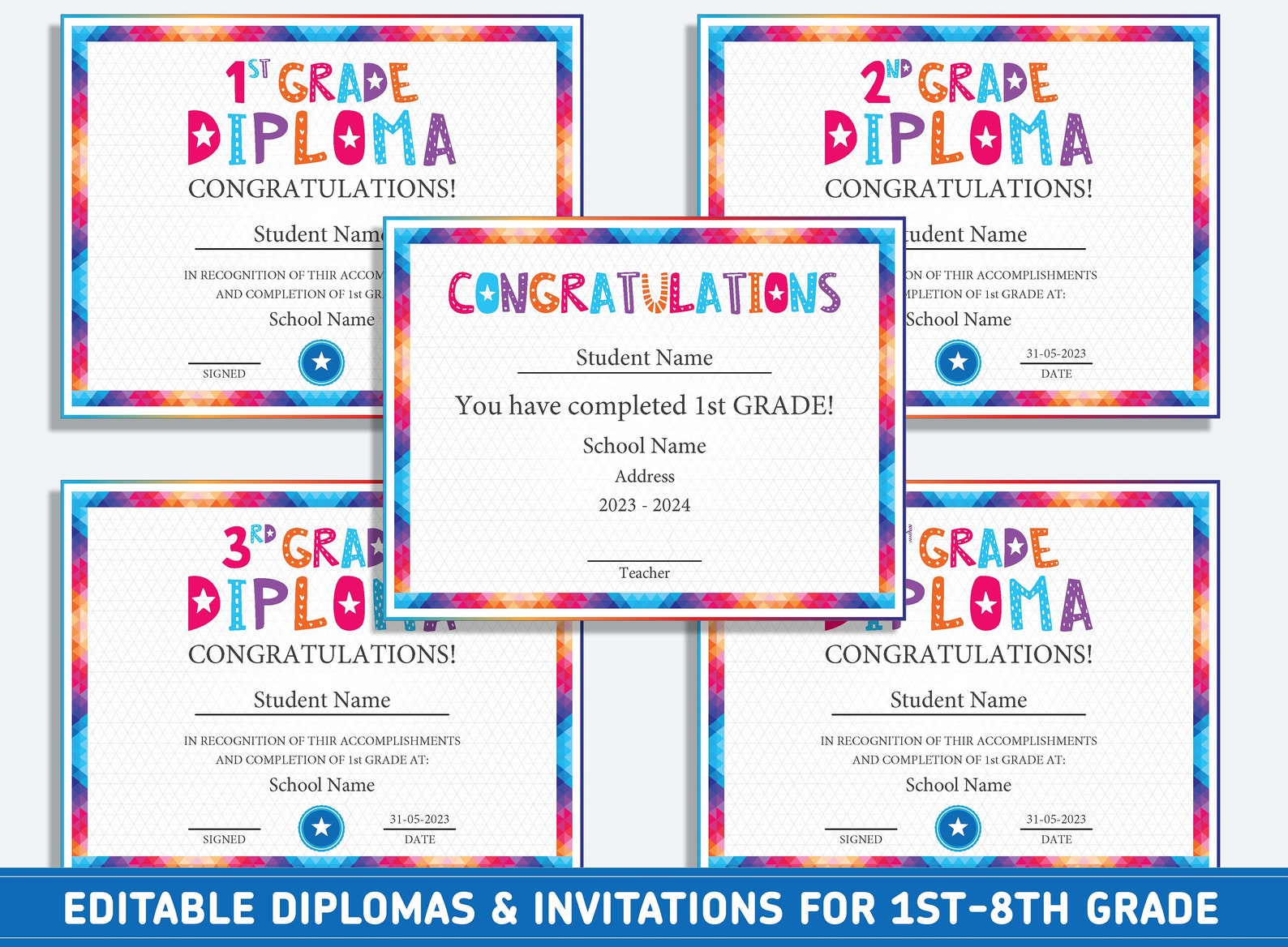 Editable Sixth Grade Diploma, 1st to 8th Grade Diploma, Certificate of ...