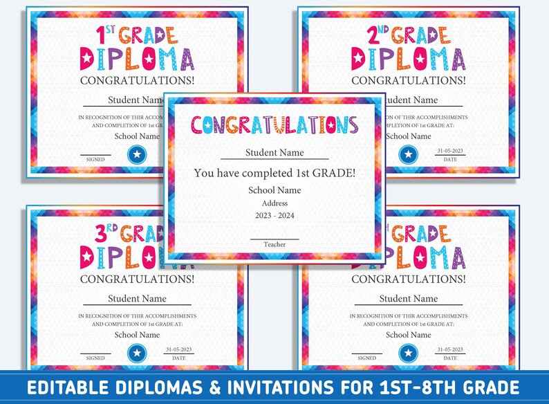 Editable Sixth Grade Diploma, 1st to 8th Grade Diploma, Certificate of ...