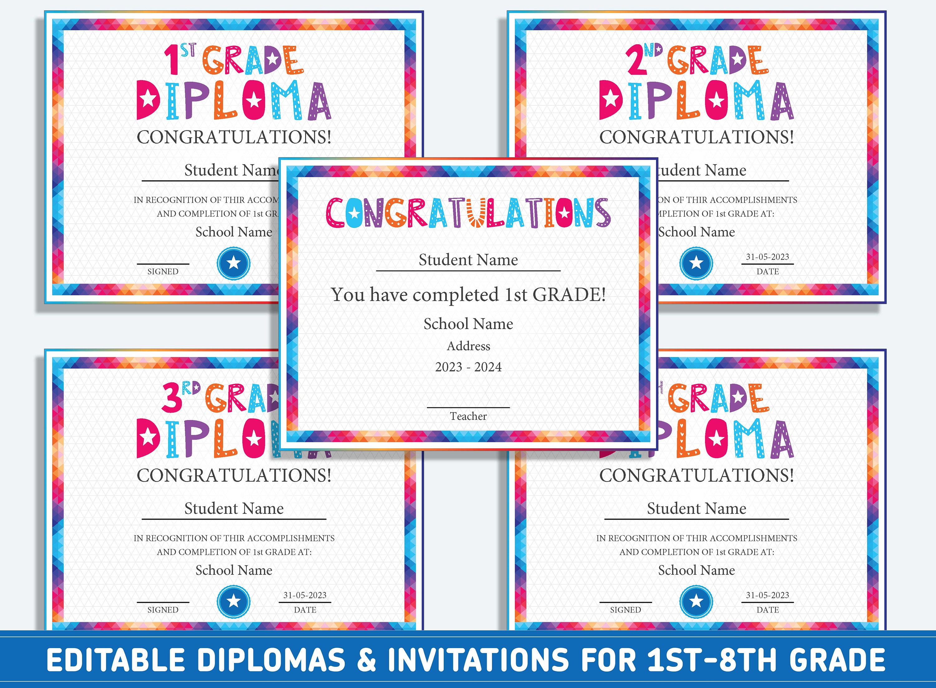 Editable Sixth Grade Diploma, 1st to 8th Grade Diploma, Certificate of ...