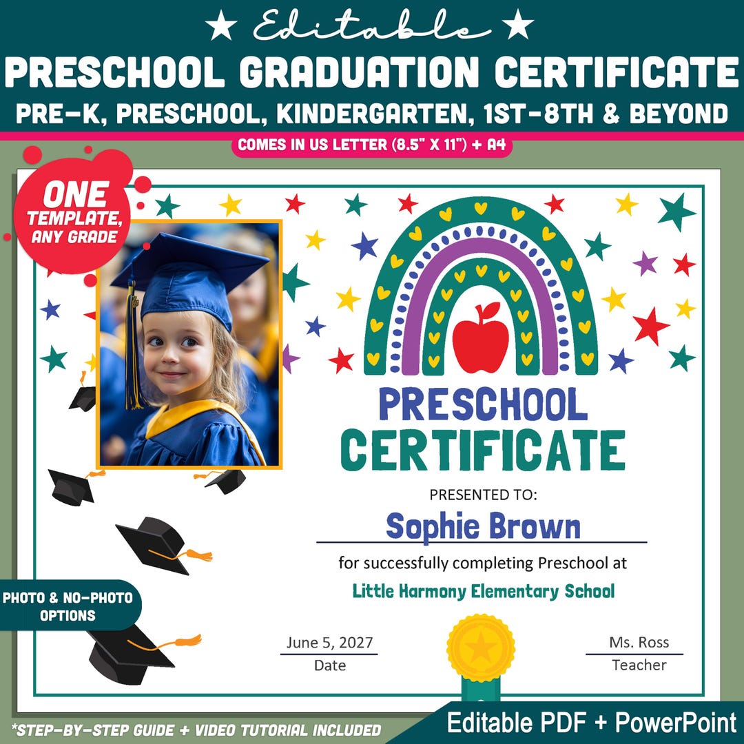 Editable Preschool Graduation Certificate, Photo and No-photo Awards ...