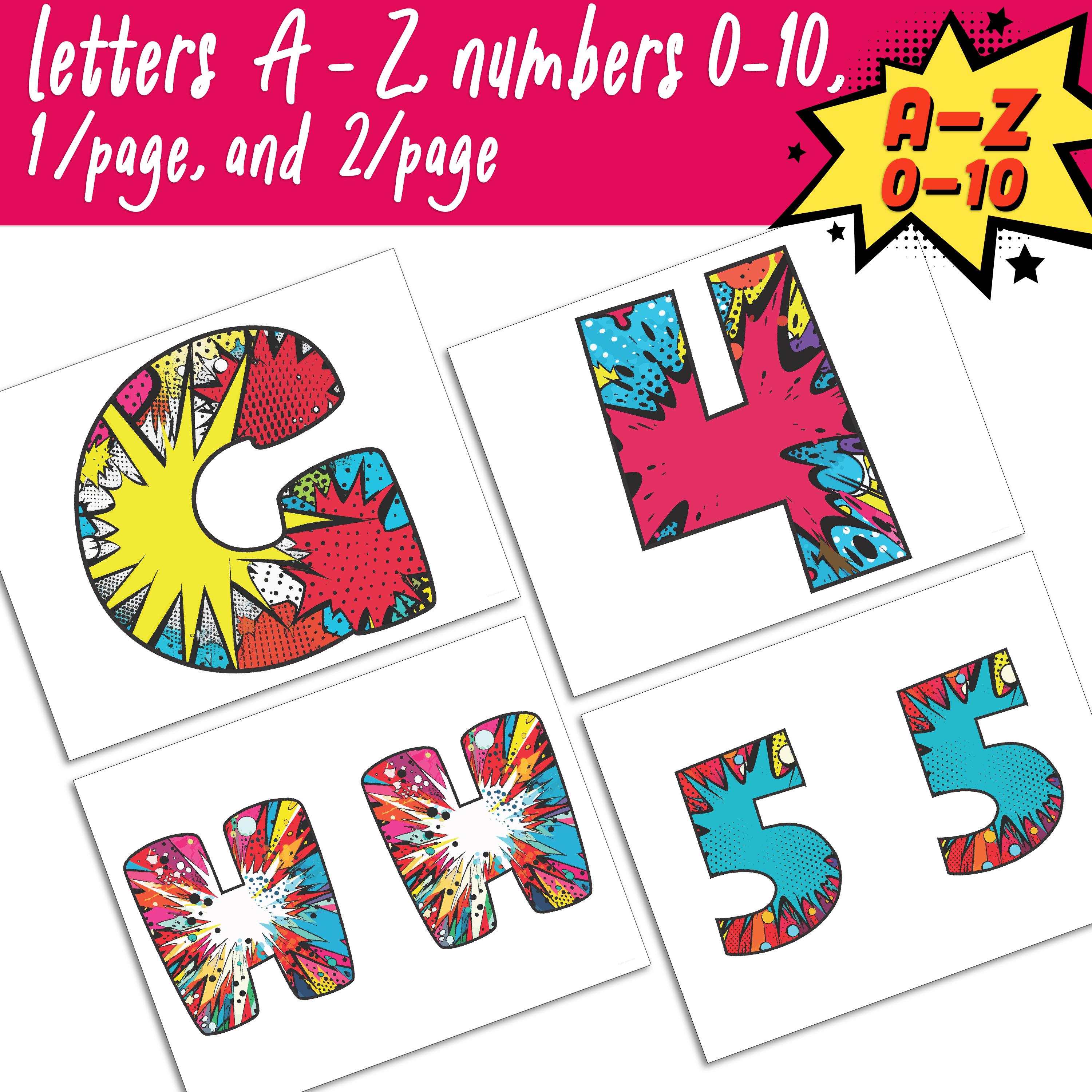 Colorful Superhero Alphabet and Numbers, Comic A-Z Letters, 1 and 2 per ...