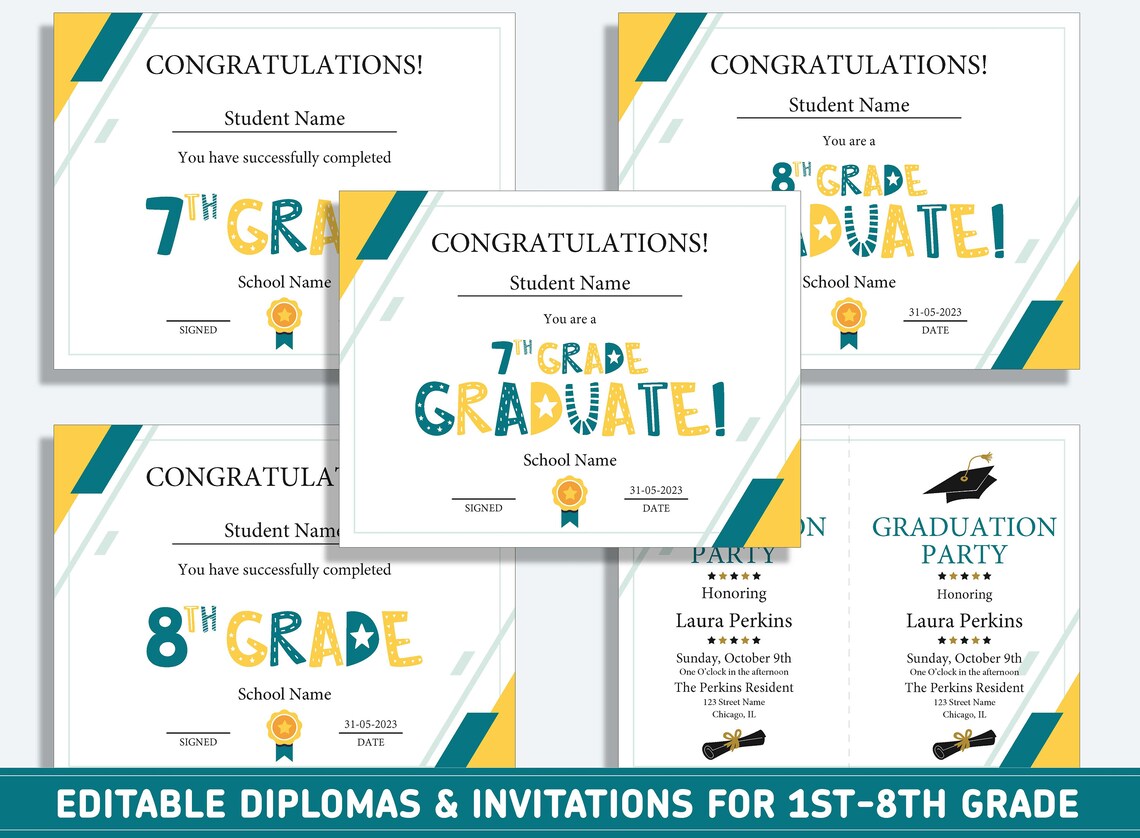 Editable 3rd Grade Graduation, 1st to 8th Grade Diploma, Certificate of ...
