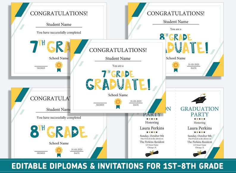 Editable 3rd Grade Graduation, 1st to 8th Grade Diploma, Certificate of ...