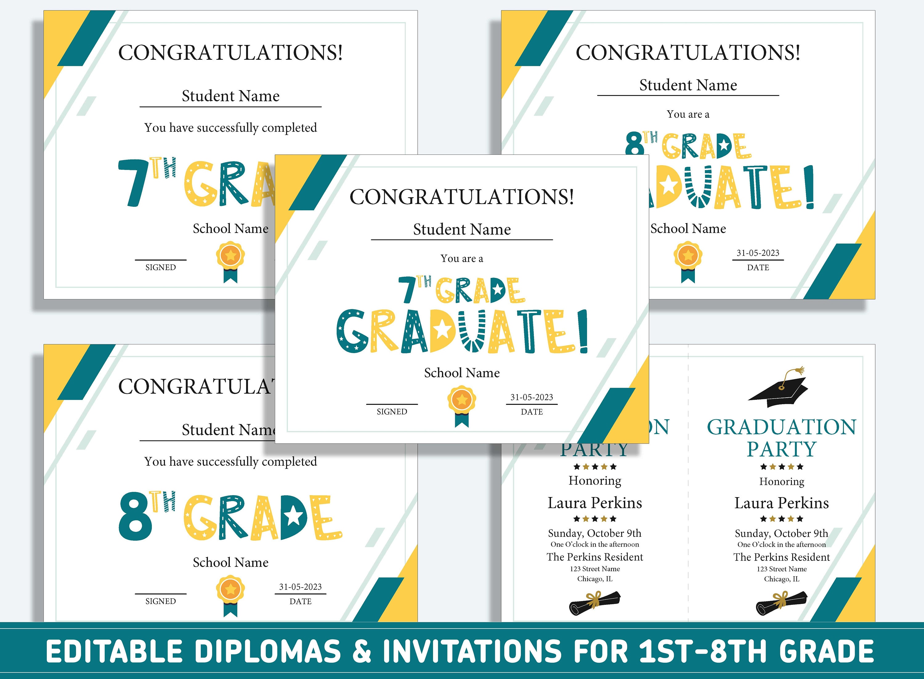 Editable 3rd Grade Graduation, 1st to 8th Grade Diploma, Certificate of ...