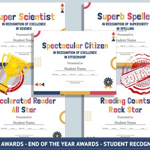 Editable Classroom Awards for Middle and High School Students, End of ...