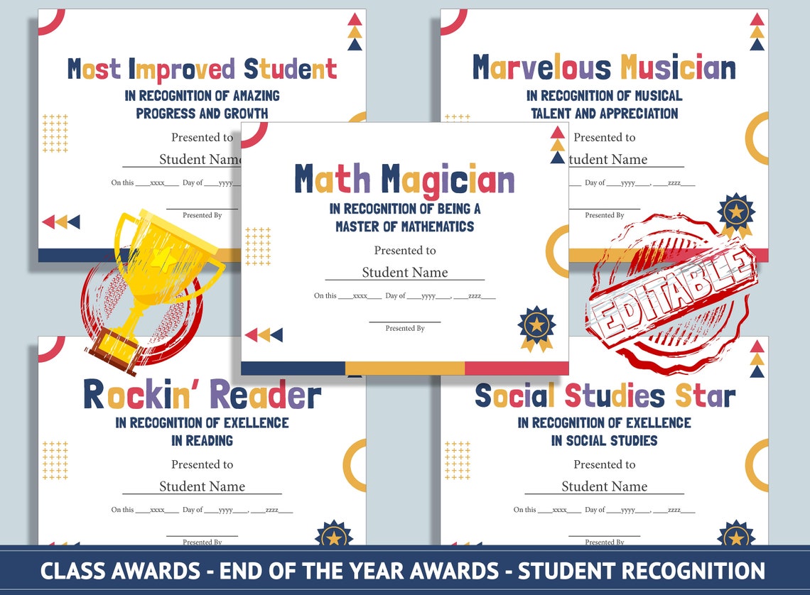 Editable Classroom Awards for Middle and High School Students, End of ...