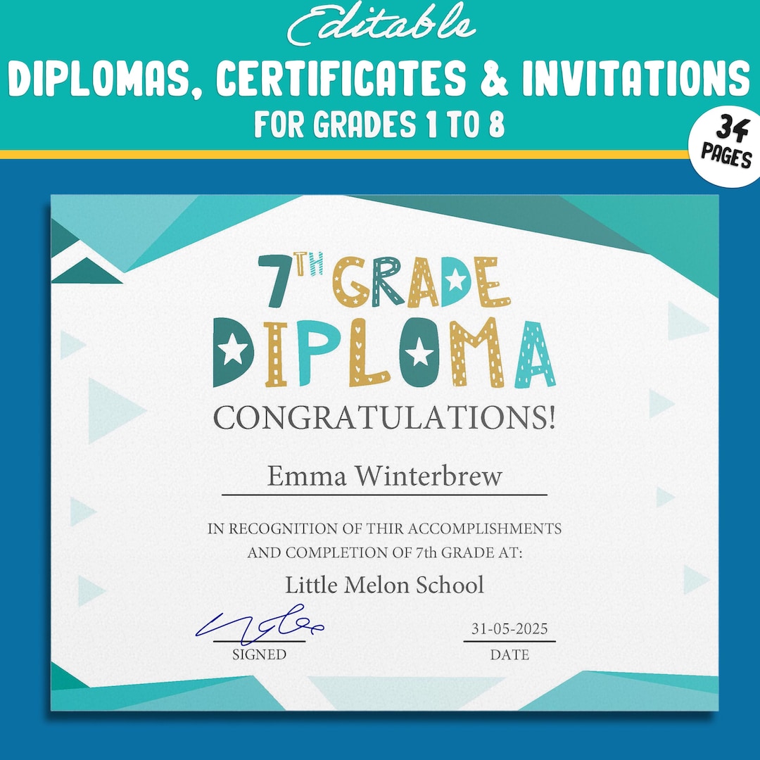 Editable 7th Grade Graduation, 1st to 8th Grade Diploma, Certificate of ...