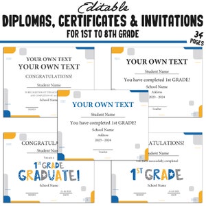Editable 1st Grade Diploma, 1st-8th Grade Certificates, and Invitation ...