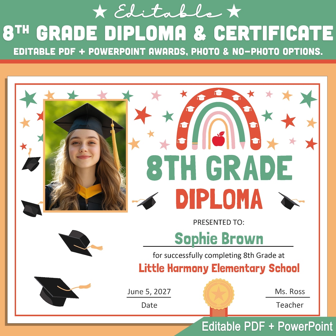 Editable 8th Grade Graduation Diploma & Certificate Set, Retro Rainbow ...