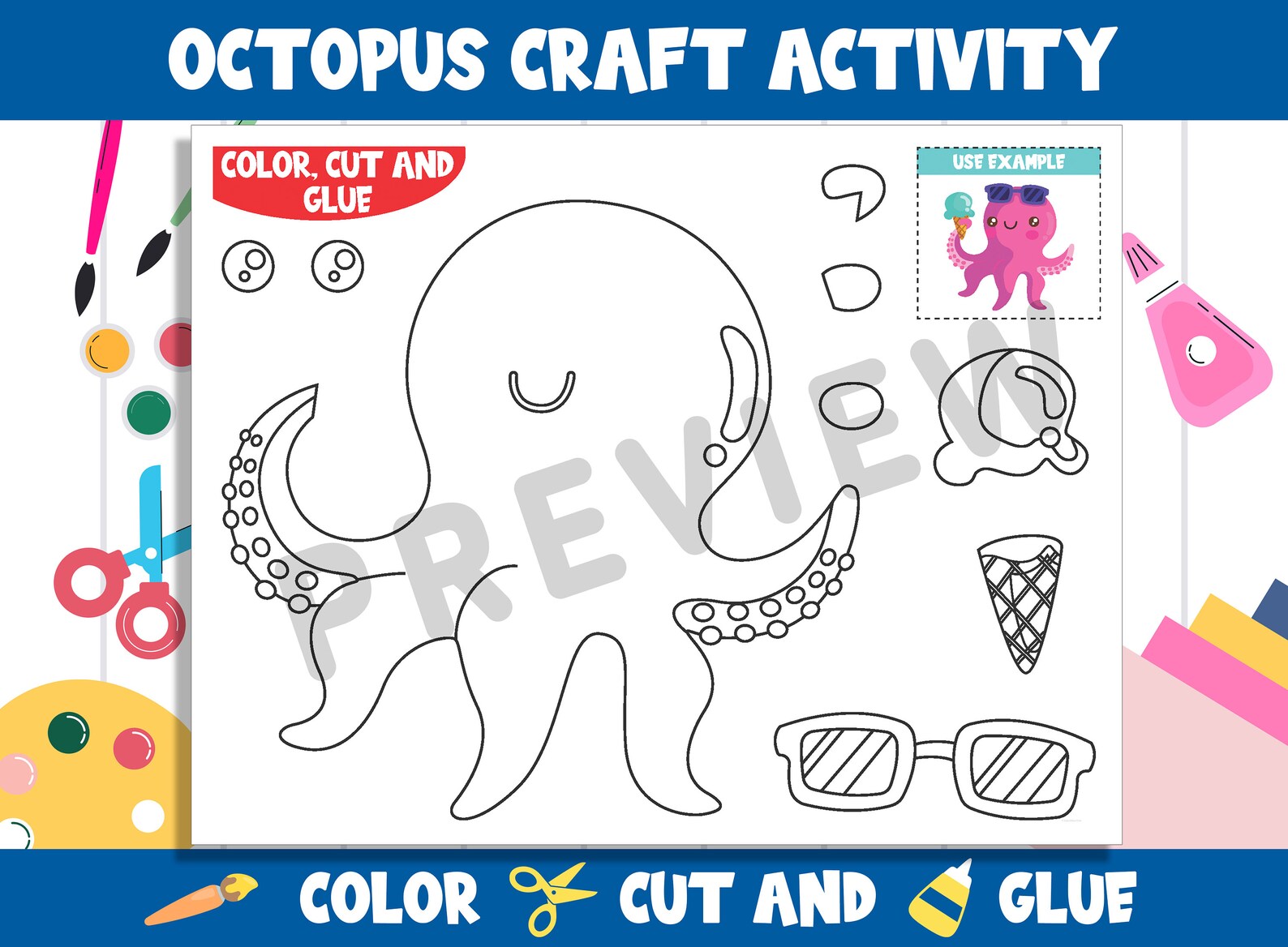 Summer Cute Octopus Craft Activity - Color, Cut, and Glue for Prek to ...