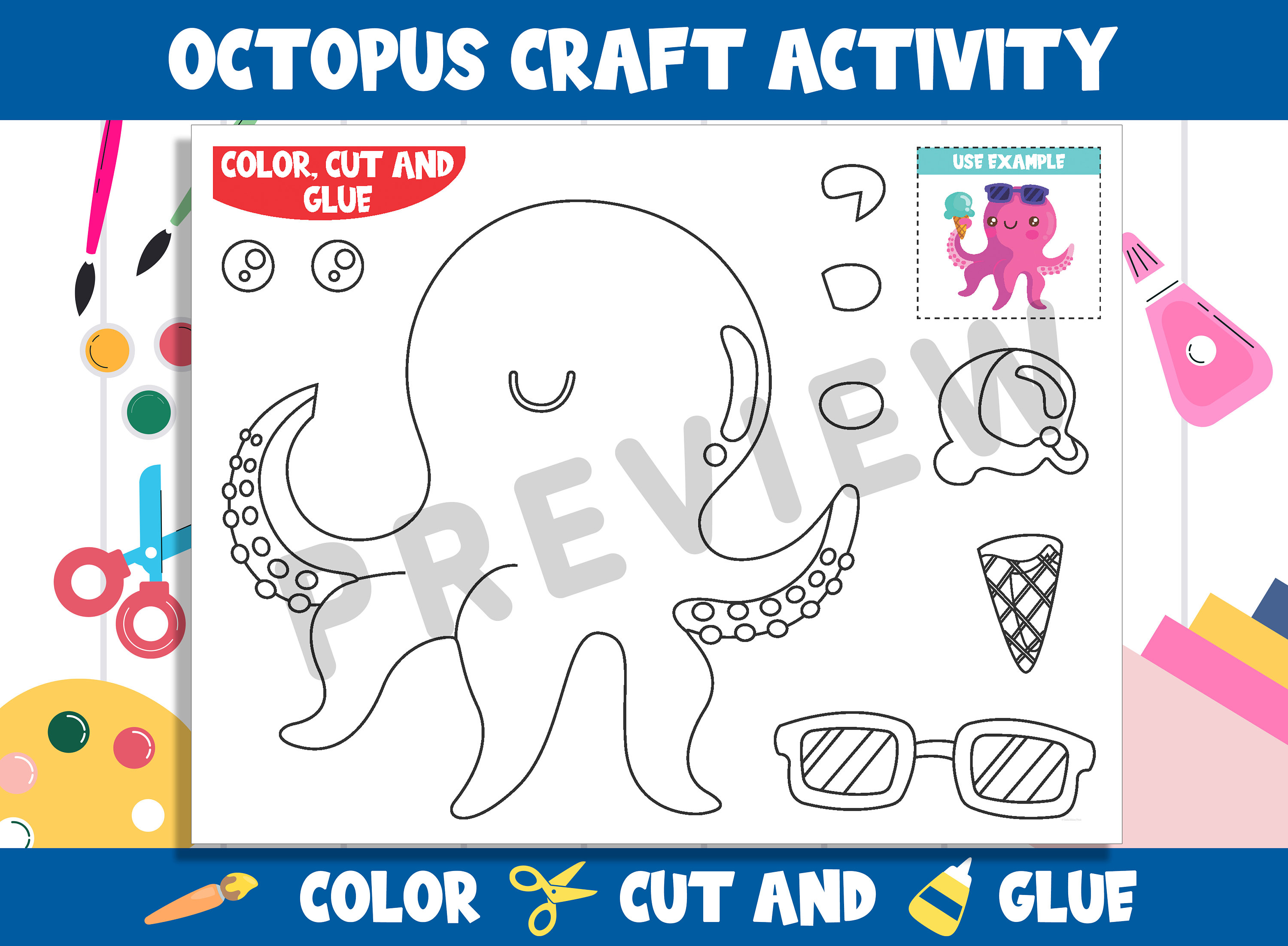Summer Cute Octopus Craft Activity Color Cut and Glue for - Etsy