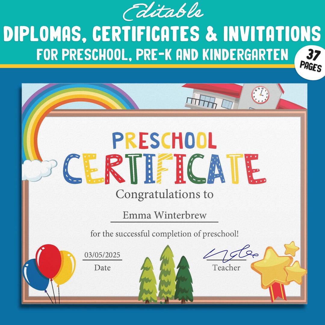 Editable Preschool Certificates, Diplomas, Completions, and Invitations ...
