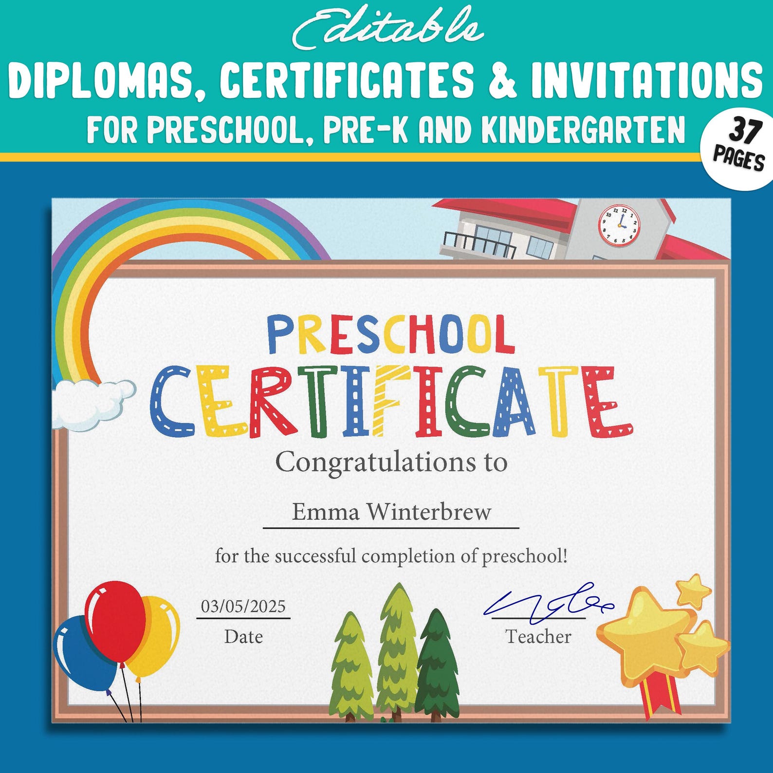 Editable Preschool Certificates, Diplomas, Completions, and Invitations ...