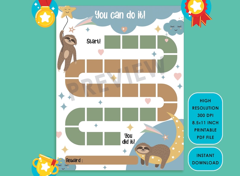 Printable Sloth Reward Chart for Kids, Adorable Sloth in the Sky With ...