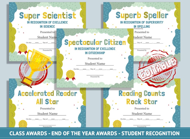 26 Editable Classroom Certificates End of the Year Awards Student ...