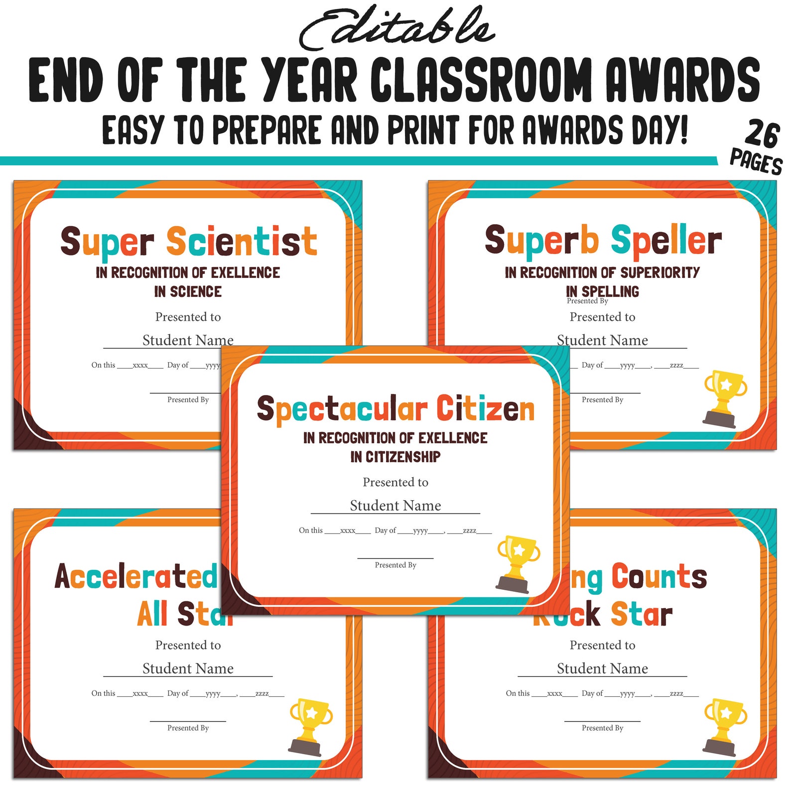 Editable Class Superlative End-of-year Student Awards, 26 Pages, PDF ...