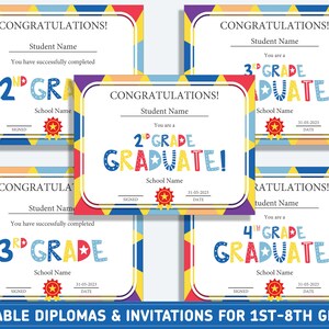 Editable 5th Grade Graduation, 1st to 8th Grade Diploma, Certificate of ...