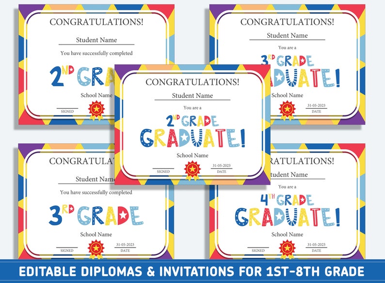 Editable 5th Grade Graduation, 1st to 8th Grade Diploma, Certificate of ...