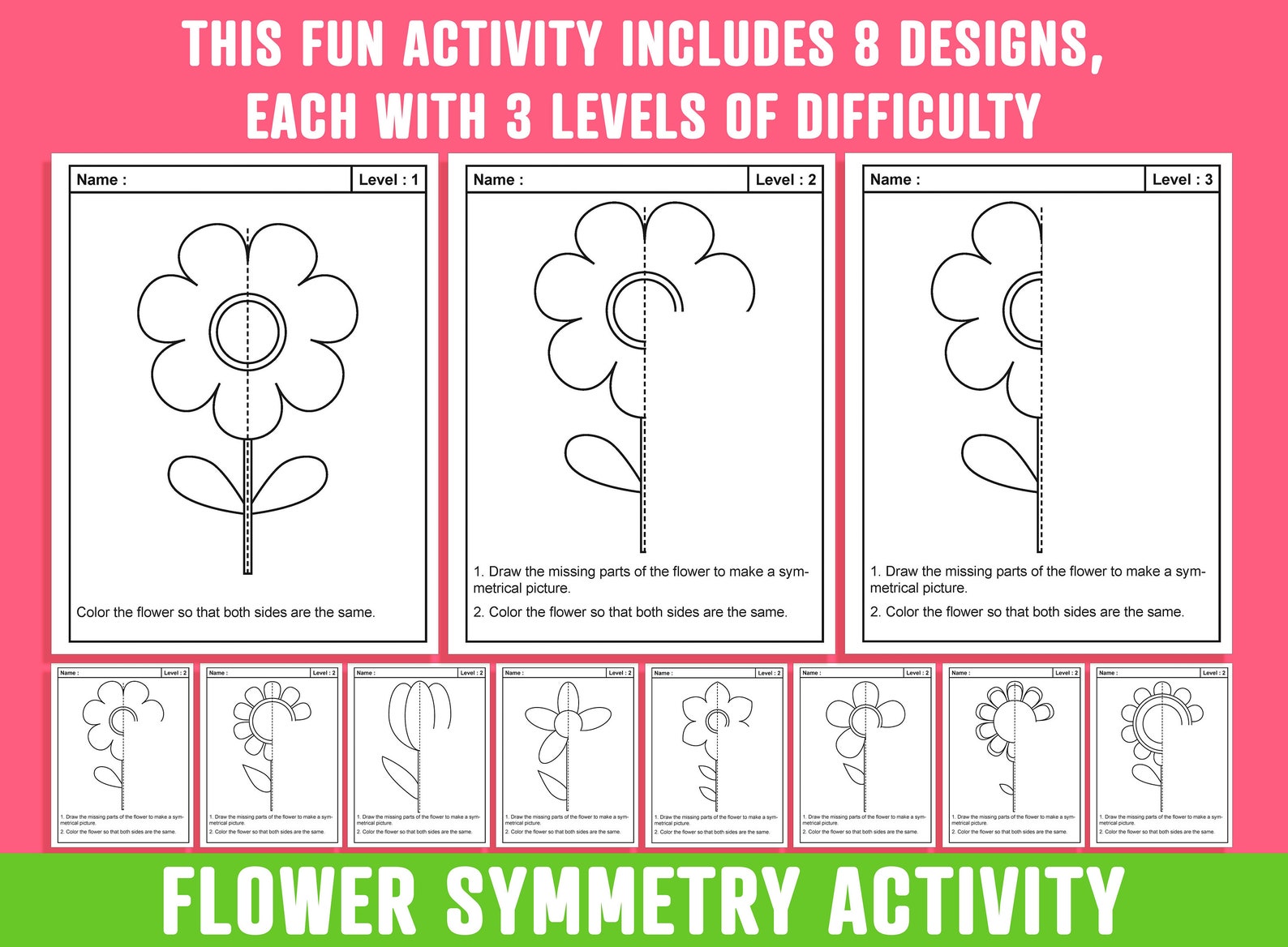 Flower Line of Symmetry, Spring/summer Flower Symmetry Activity, 24 ...