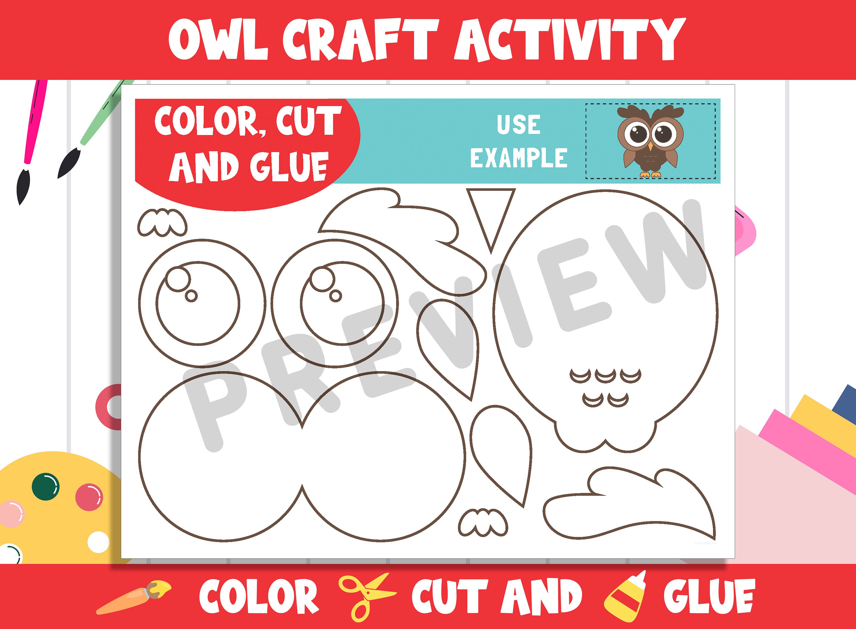 Cute Owl Craft Activity Color, Cut, and Glue for Prek to 2nd Grade, PDF ...