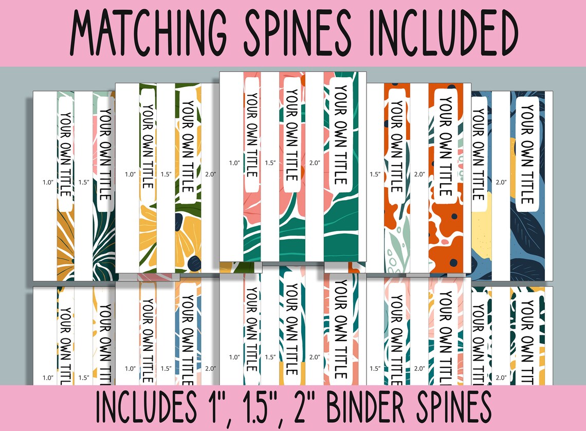 10 Editable Abstract Floral Binder Covers, Includes 1, 1.5, 2" Spines ...