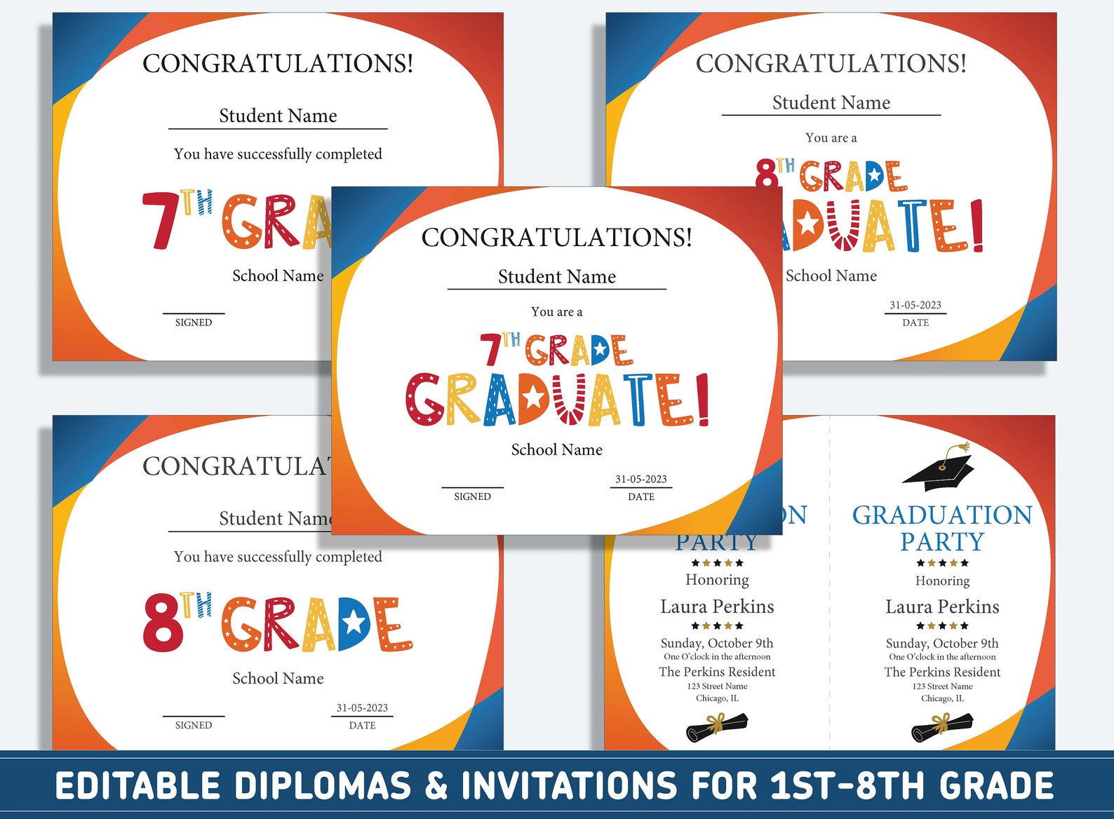 Editable End of 3rd Grade Certificate, 1st to 8th Grade Diploma ...