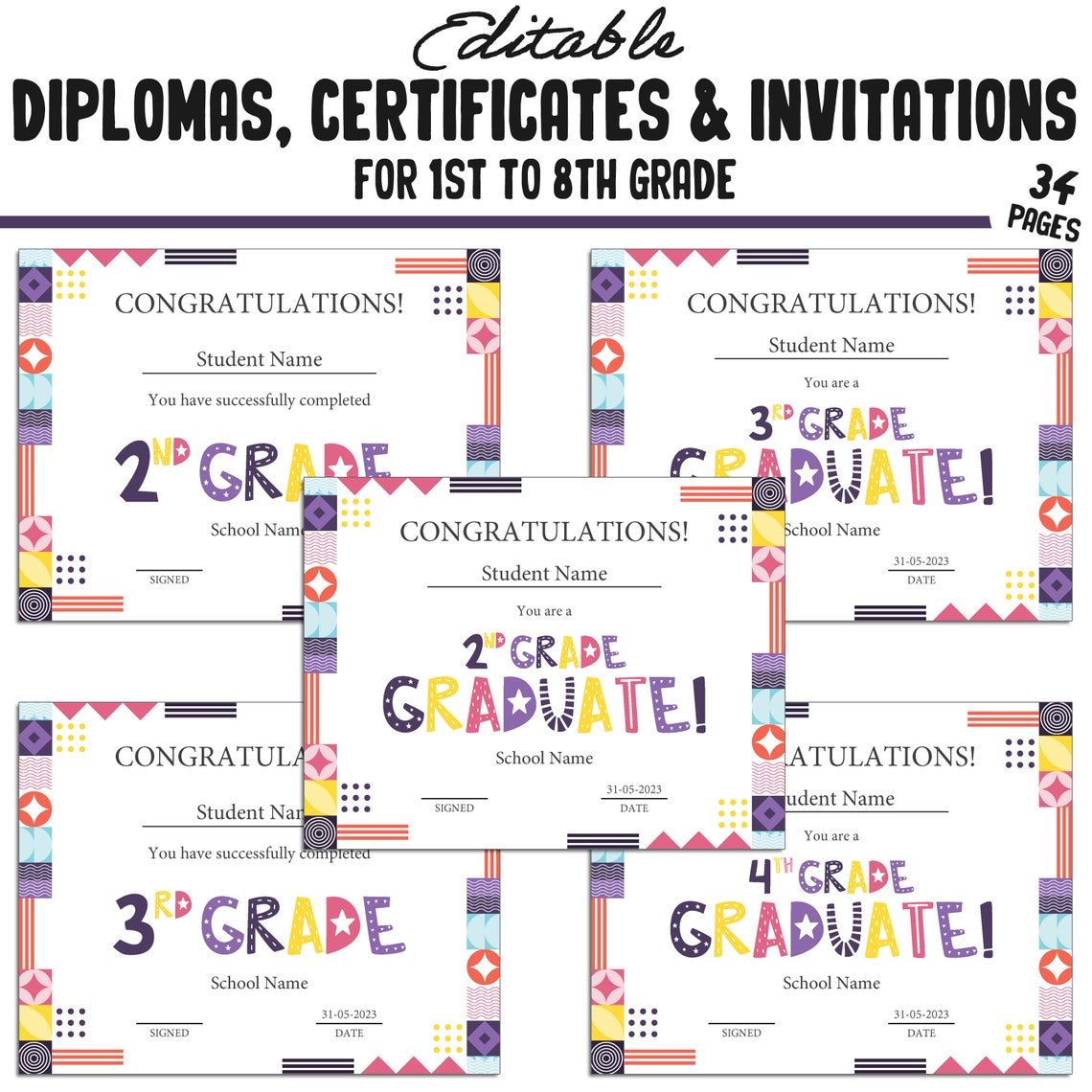 Editable 2nd Grade Diplomas, 1st-8th Grade Certificates, and Invitation ...