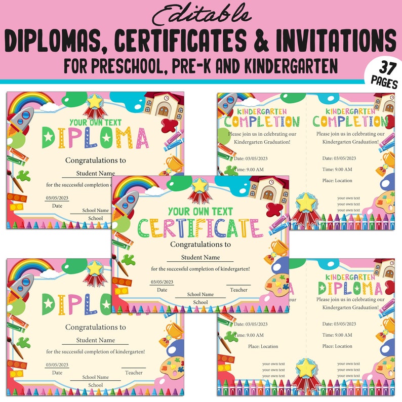 Editable Preschool, Pre-k, and Kindergarten Diplomas, Certificates, and ...